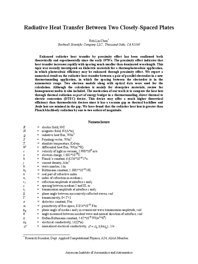 Radiative Heat Transfer Between Two Closely Spaced Plates Pdf