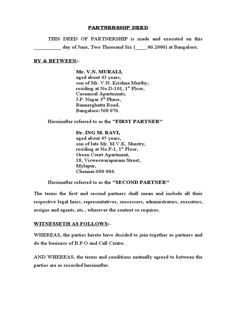 Partnership Deed for B.P.O. Business | PDF