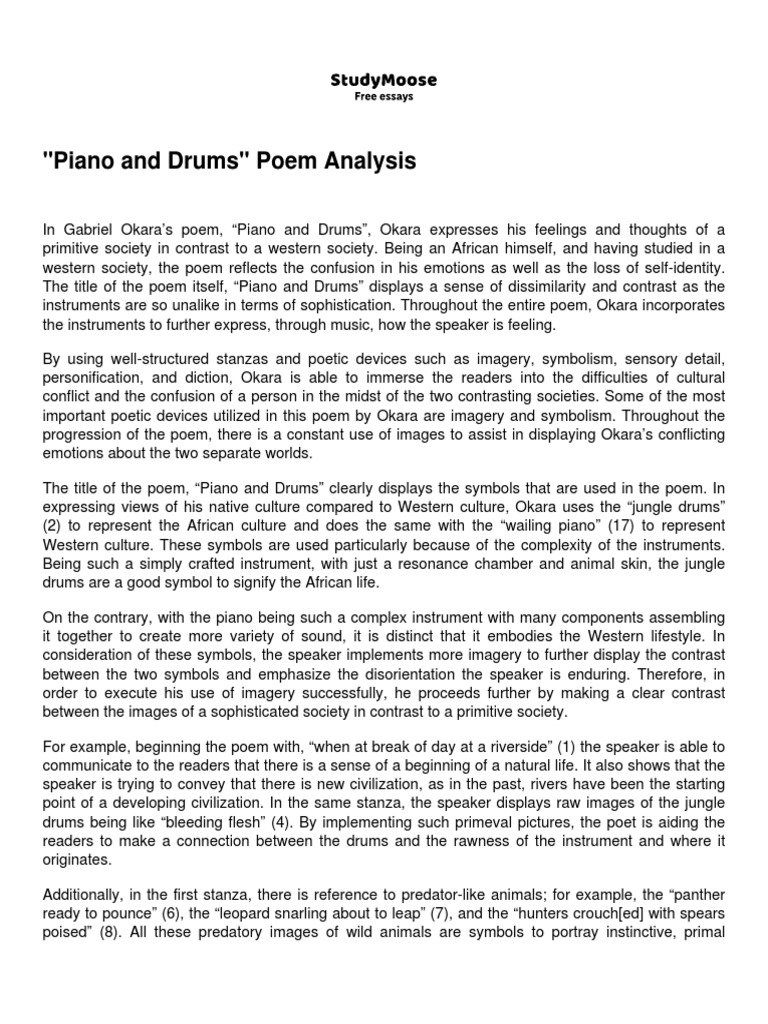 Piano and Drums Poem Analysis | PDF | Poetry
