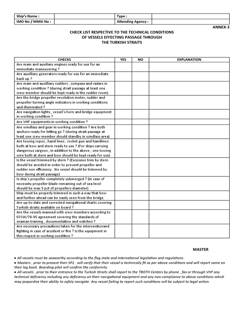 Turkish Straits Vessel Technical Checklist | PDF