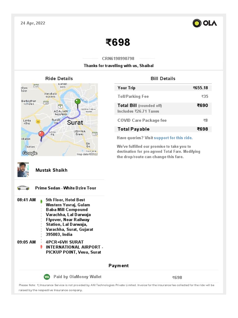 An Ola ride receipt documenting a trip from a hotel in Surat to the ...