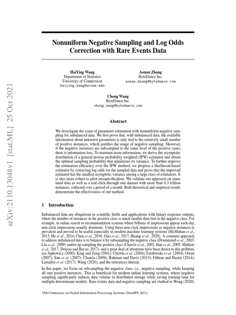 Nonuniform Negative Sampling and Log Odds Correction With Rare Events Data | PDF | Estimator ...