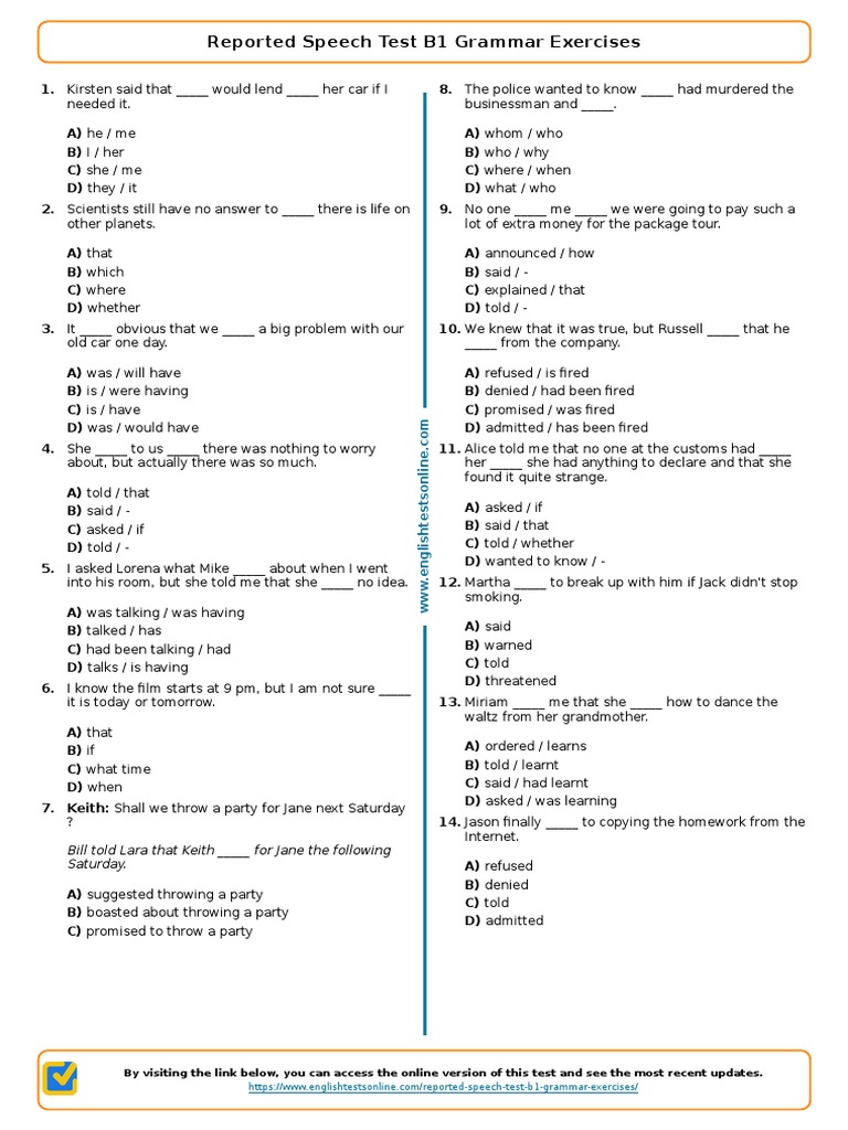 493 - Reported Speech Test b1 Grammar Exercises | PDF