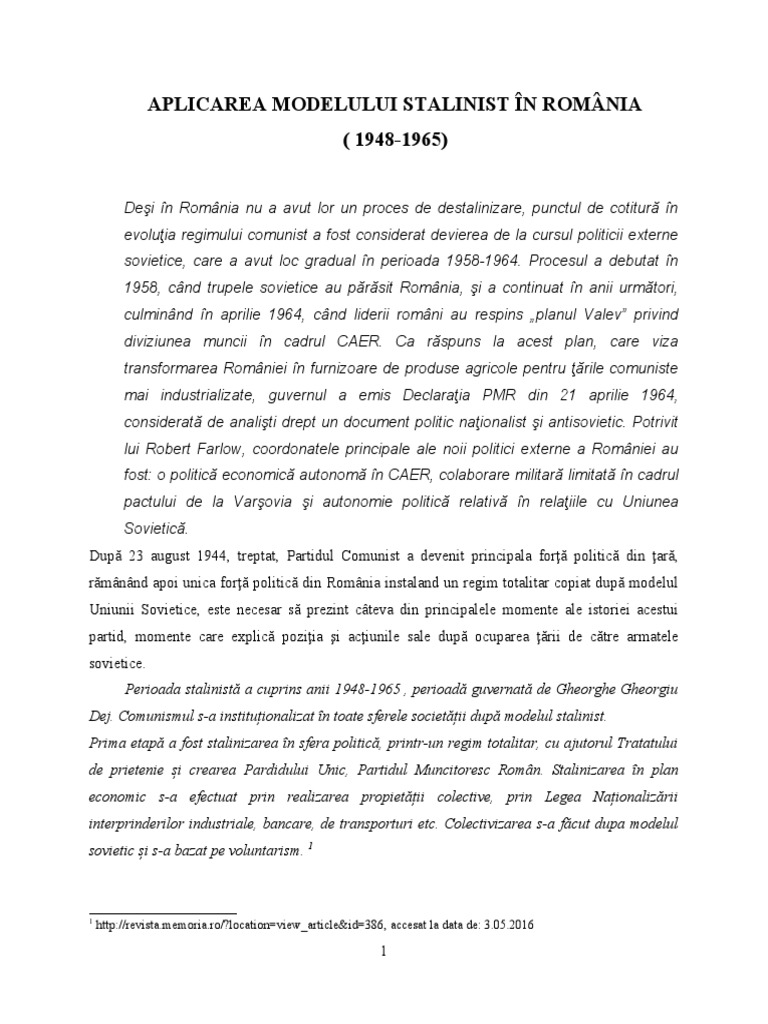 Aplicarea Modelului Stalinist În România | PDF