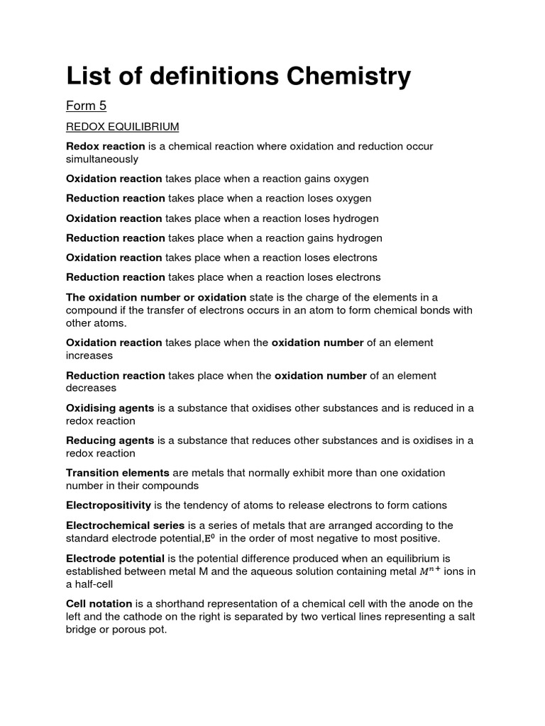 List of Definitions Chemistry M | PDF | Redox | Chemical Reactions