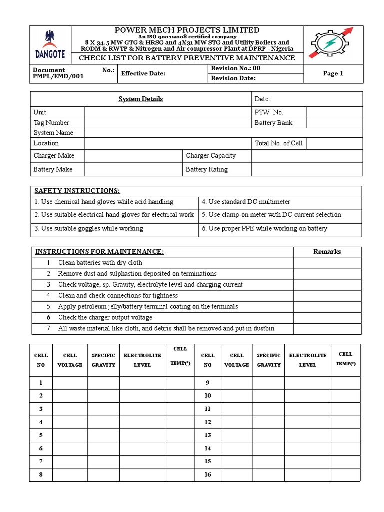 PMPL - Emd - F - 001 Format For Battery Maintenace | PDF | Battery ...