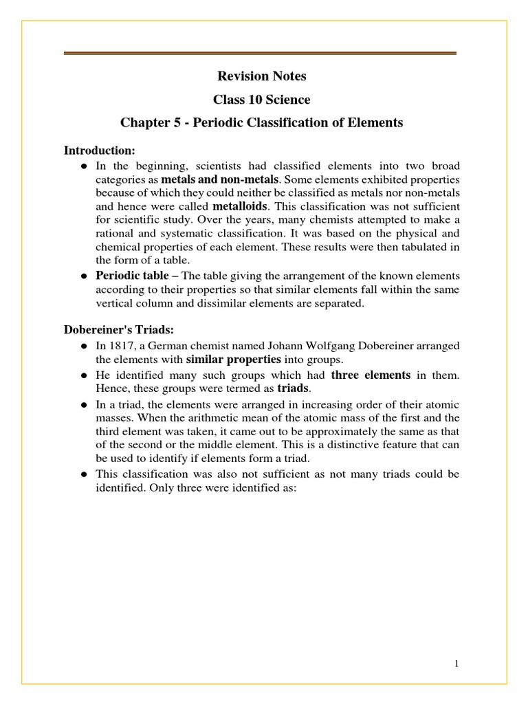 Class 10 Science Perodic Classification Chapter 5 Notes | PDF ...