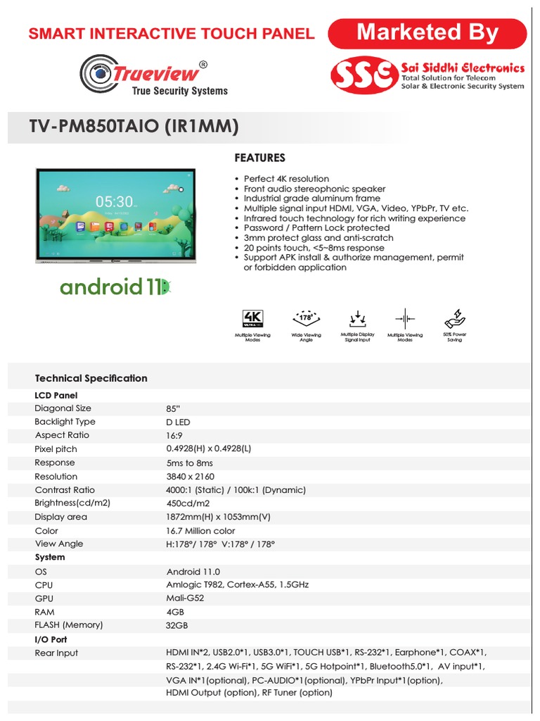 85 Inch Ifpd Smart Interactive Touch Panel Andriod | PDF | Display ...