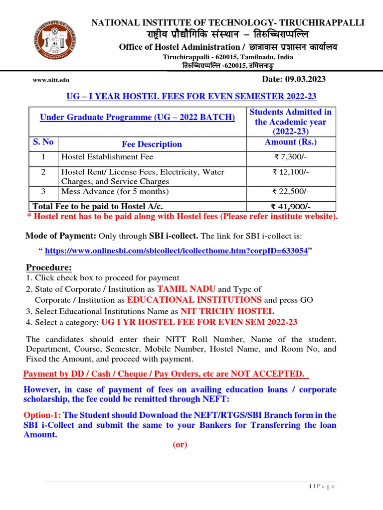UG Hostel Fees for Even Semester 2022-23 | PDF | Fee | Payments