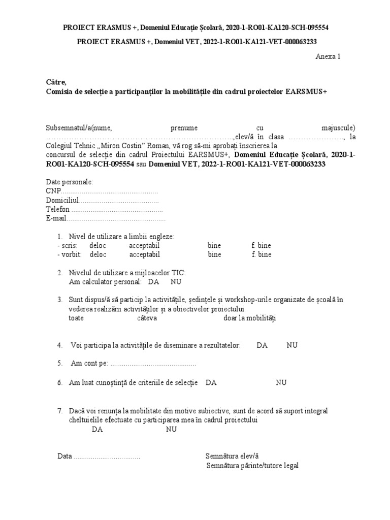 Formulare-tip-Erasmus 3 | PDF