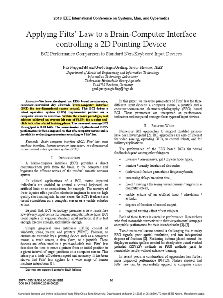 Applying Fitts Law To A Brain-Computer Interface Controlling A 2D Pointing Device PDF | PDF ...