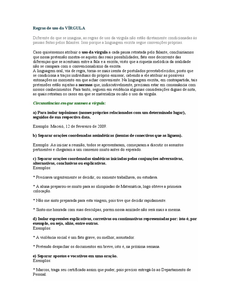 Regras completas para o uso correto da vírgula | PDF | Linguística ...