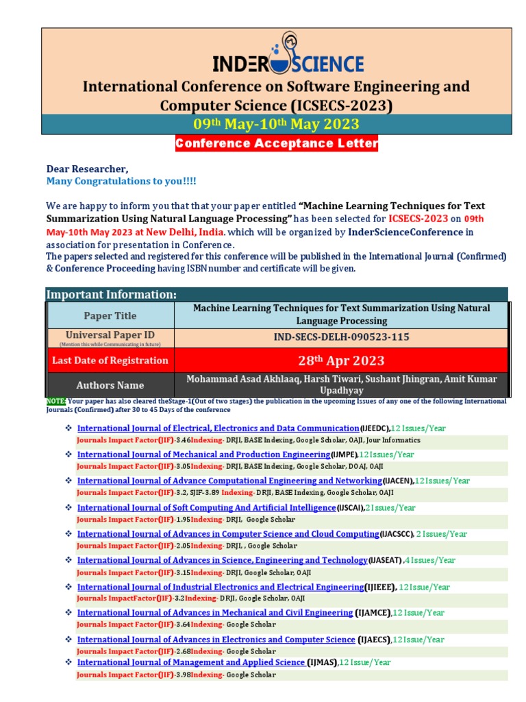 INDERSCIENCE Accepetance Letter | PDF | Computer Science | Banks