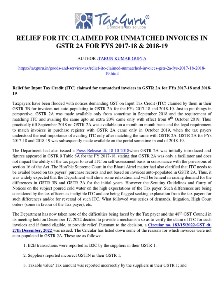 Relief For ITC Claimed For Unmatched Invoices in GSTR 2A For FYs 2017 ...