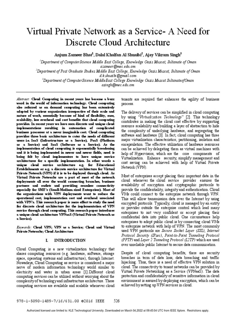 Virtual Private Network As A Service A Need For Discrete Cloud