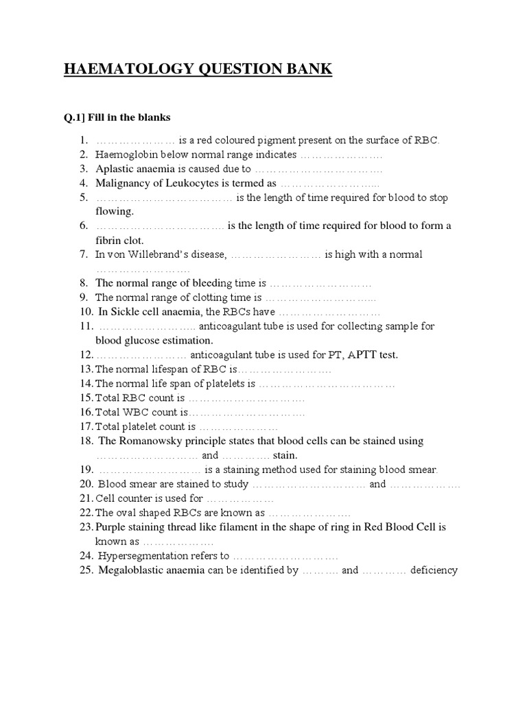 Haematology Question Bank | PDF | Blood Cell | Coagulation