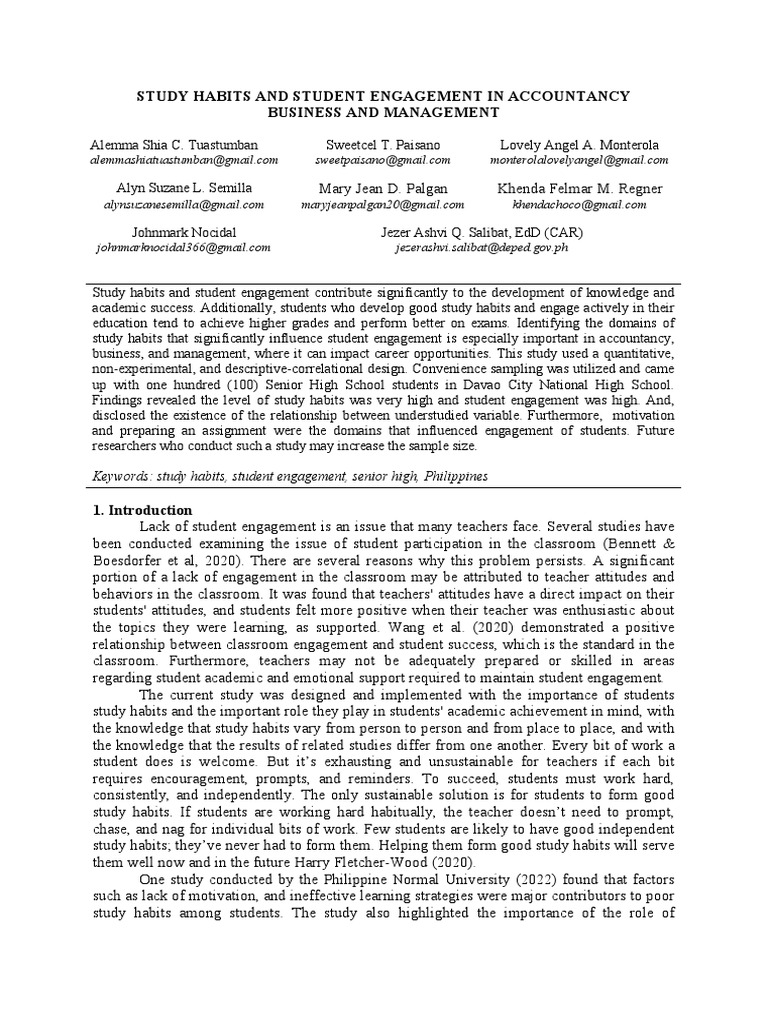 Study Habits and Engagement in ABM | PDF | Statistics | Behavior ...