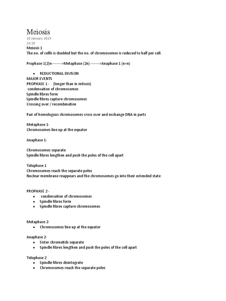 Meiosis - SHORT NOTES | PDF