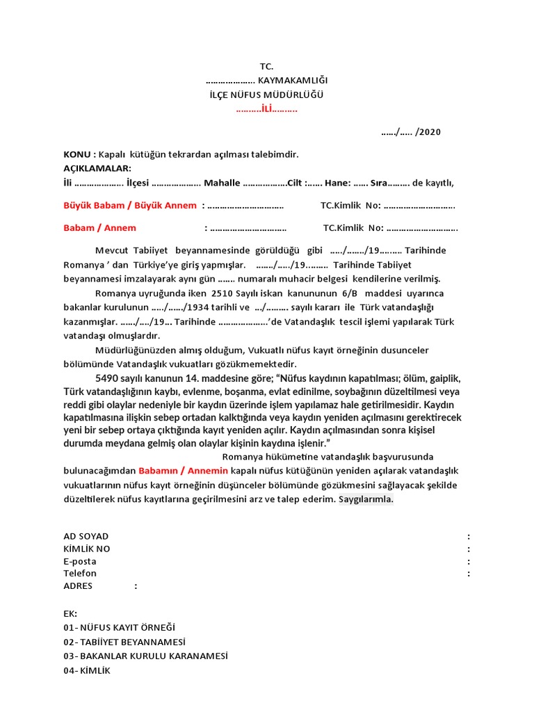 024-2 - Kapali Kaydin Açtirilmasi İçi̇n Örnek Di̇lekçe | PDF