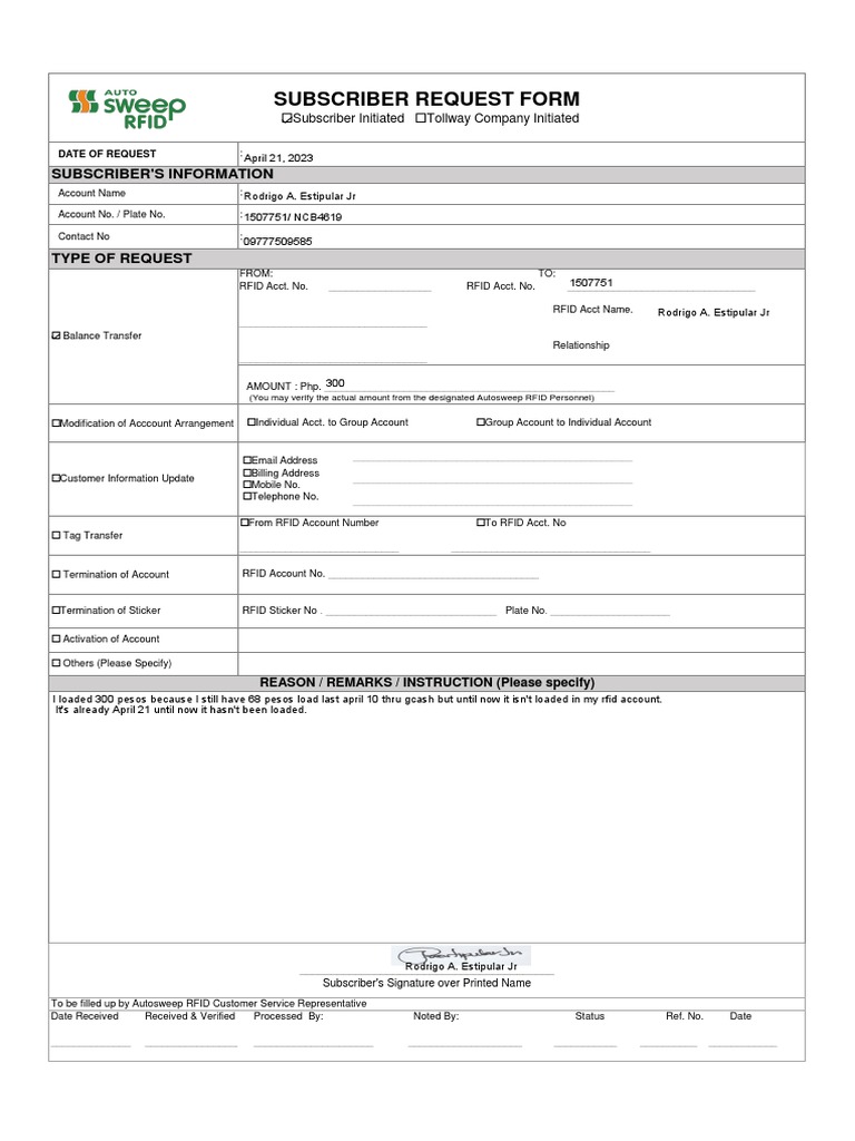 Subscriber Request Form 2019 PDF | PDF | Radio Frequency Identification ...