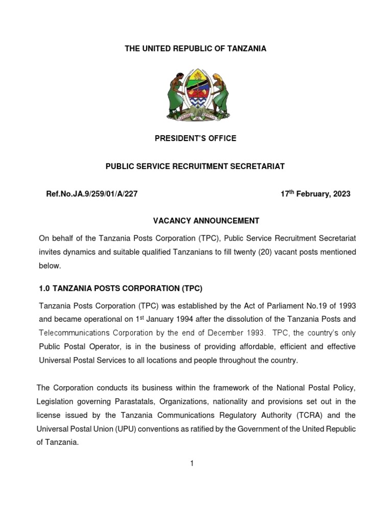 TPC Tanzania Job Vacancies Announcement | PDF