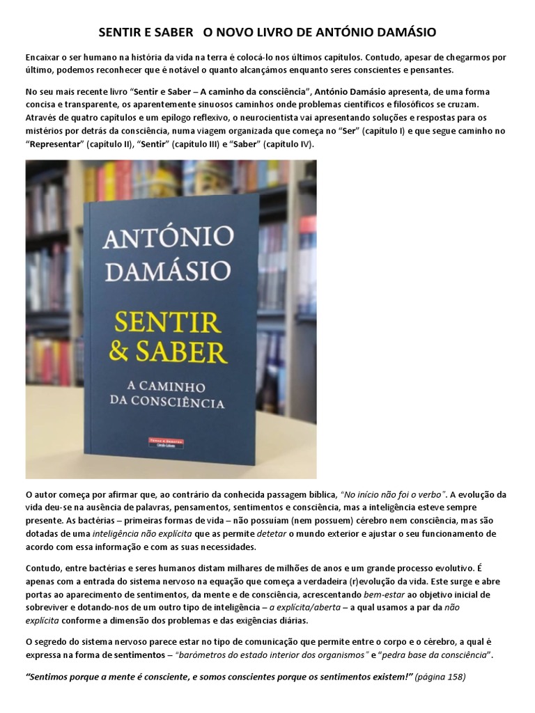 Sentir e Saber O Novo Livro de António Damásio | PDF