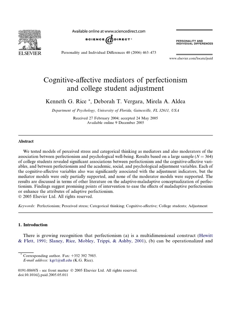 College Adjustment (SACQ) and Other Scale On Perfectionism PDF | PDF ...