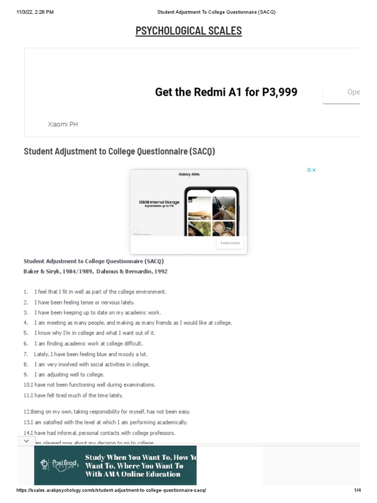 Student Adjustment to College Scale | PDF | Thought | Psychology