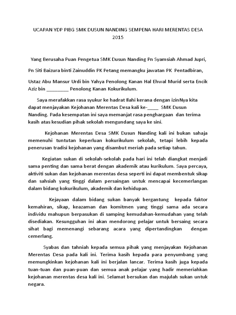 Ucapan Ydp Pibg SMK Dusun Nanding Sempena Hari Merentas Desa | PDF | Olahraga & Rekreasi