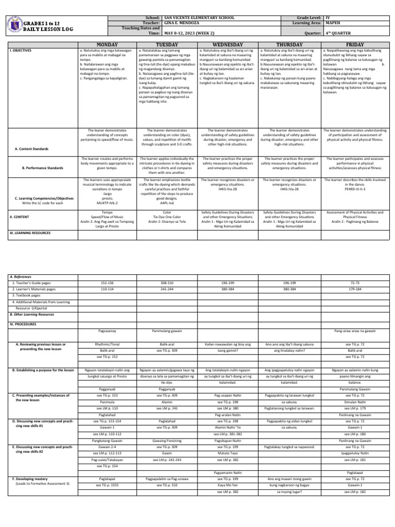 DLL - Mapeh 4 - Q4 - W2 | PDF