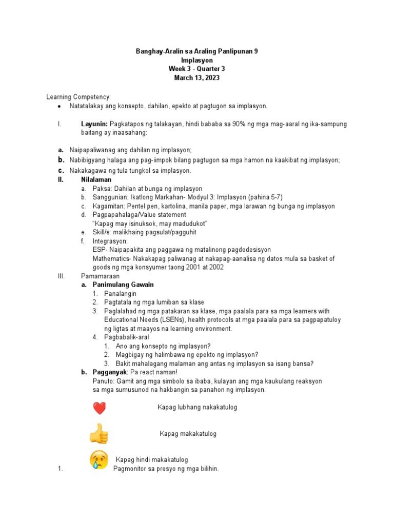 Banghay Aralin Module 3 - Dahilan at Bunga NG Implasyon | PDF