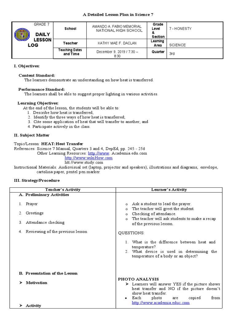 science-7-3rd-cot-lesson-plan | PDF | Learning | Heat Transfer