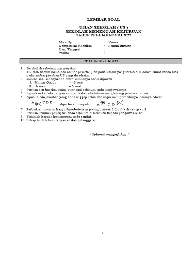 Naskah Soal Ujian Sekolah Kimia | PDF