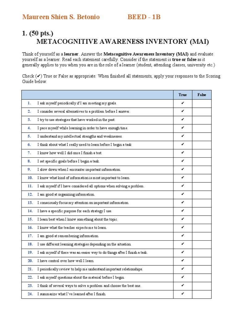 Metacognitive Awareness Inventory | PDF | Reading Comprehension | Learning