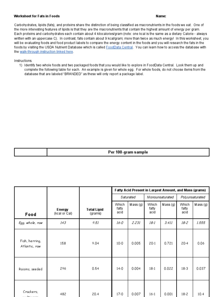 Fats in Foods Worksheet | PDF