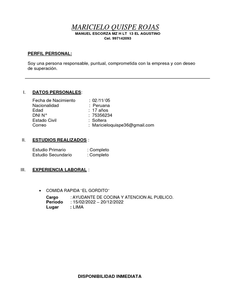 CV Maricielo Quispe Rojas | PDF CV Maricielo Quispe Rojas | PDF