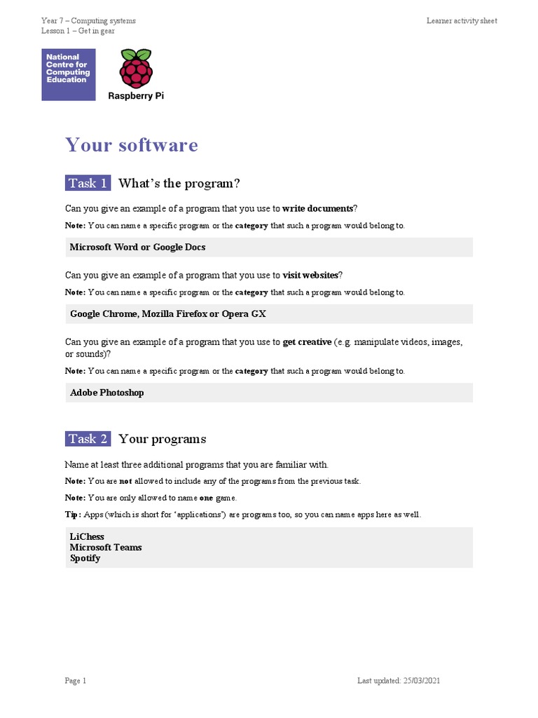 A2 Worksheet - Your Software | PDF