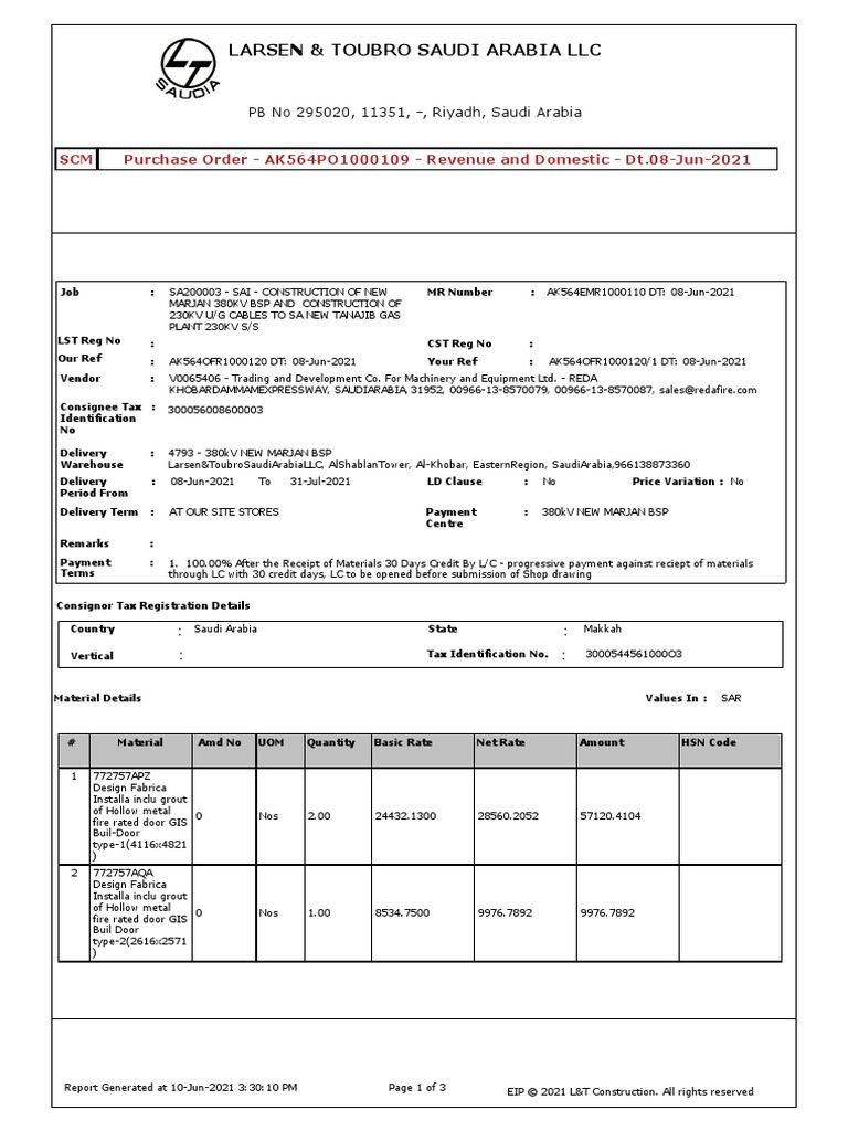 Purchase Order for Fire Rated Doors and Installation Services for New ...