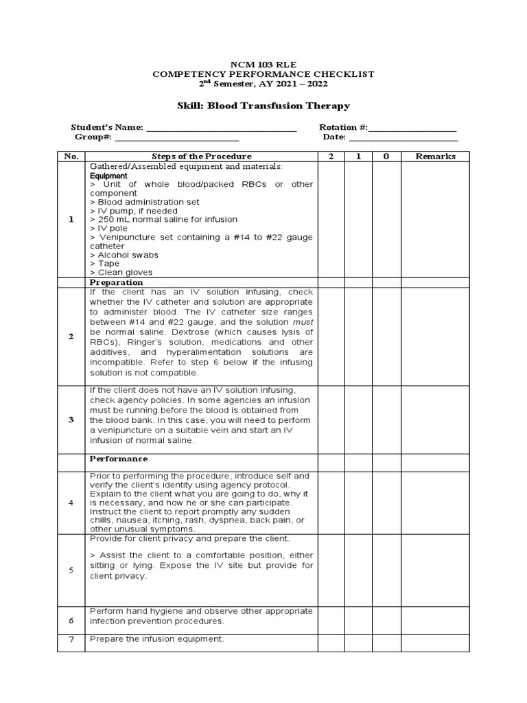 Blood Transfusion Procedure Checklist | PDF | Intravenous Therapy ...