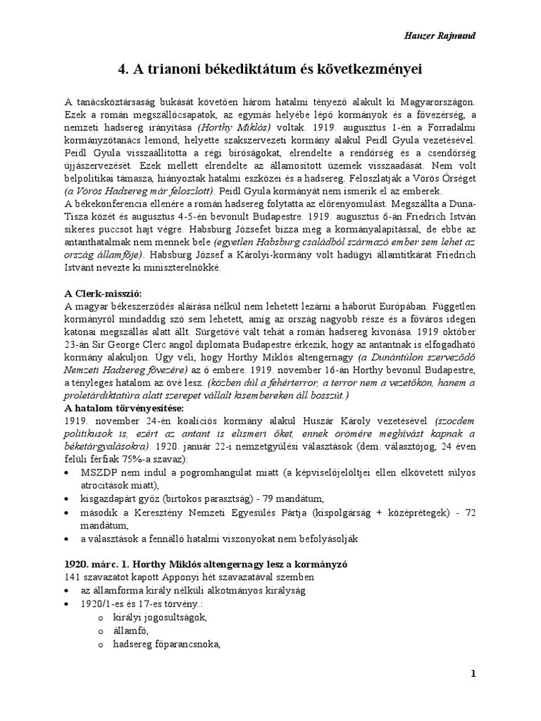 A Trianoni Békediktátum És Következményei | PDF