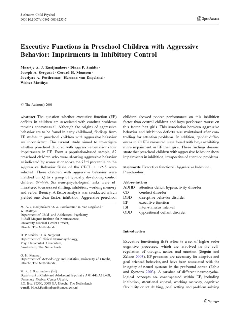 Executive Functions in Preschool Children With Aggressive Behavior ...