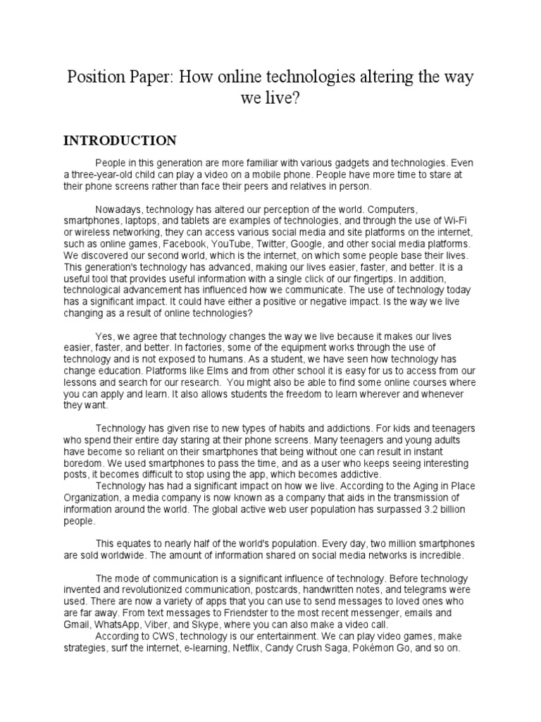 Position Paper: How Online Technologies Altering The Way We Live? | PDF ...