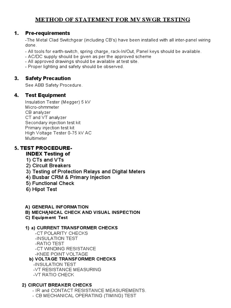 MV Switchgear Testing Method Statement | PDF | Relay | Electrical ...