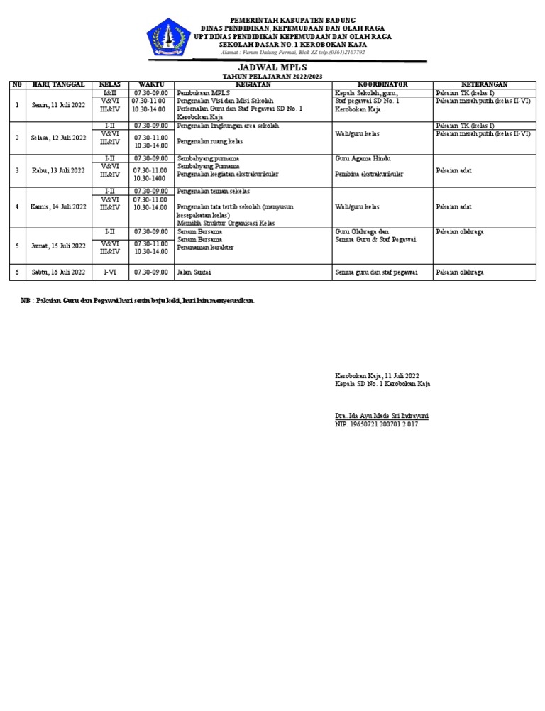 JADWAL MPLS SD No. 1 Kerobokan Kaja | PDF