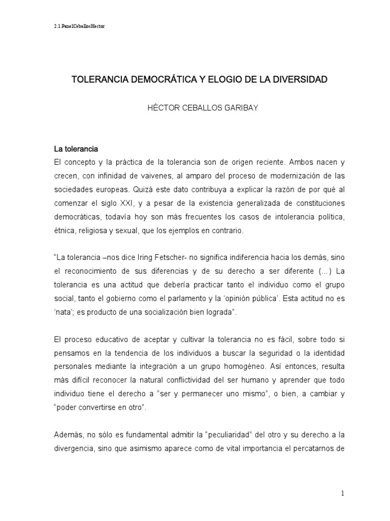 Tolerancia Democrática y Elogio de La Diversidad | PDF | Tolerancia | Democracia