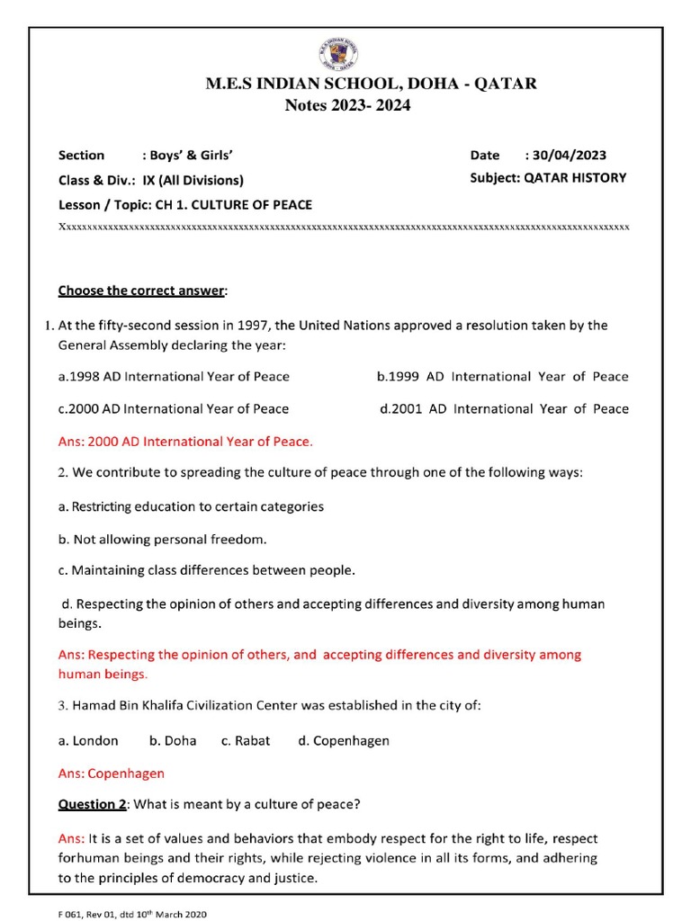Class 9, Qatar History Worksheet 1 - Ch1 - Culture of Peace-1 PDF | PDF