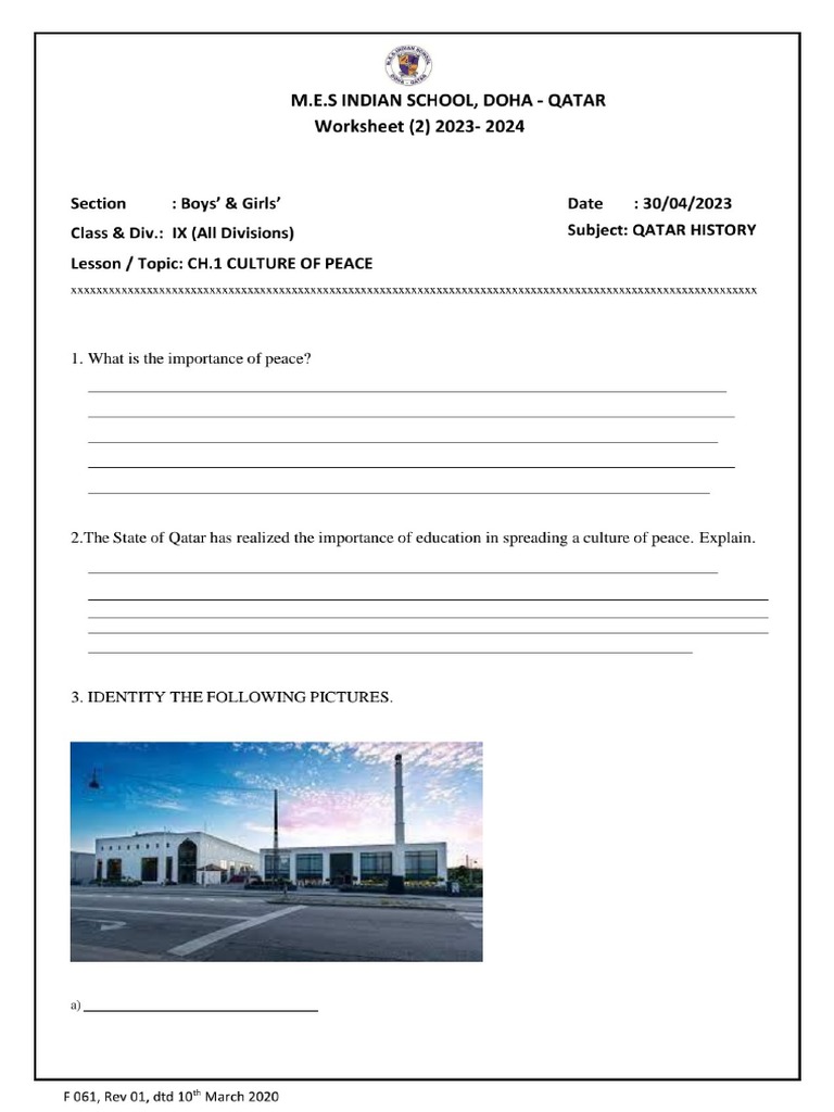 Class 9, Qatar History Worksheet 2 - Ch1 - Culture of Peace-2 PDF | PDF