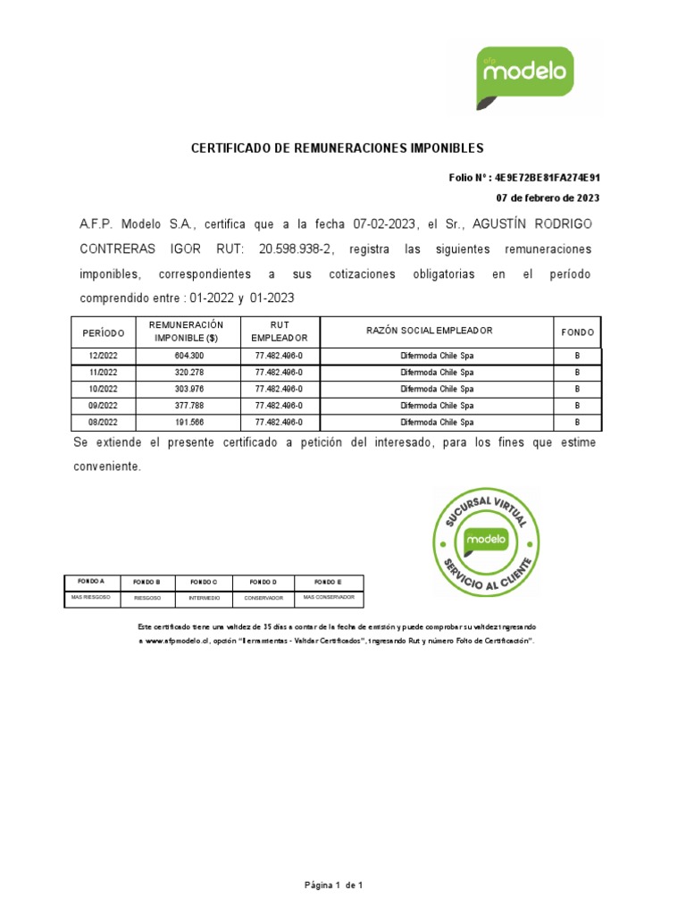 Certificado de Remuneraciones AFPModelo PDF | PDF | Finanzas y dinero