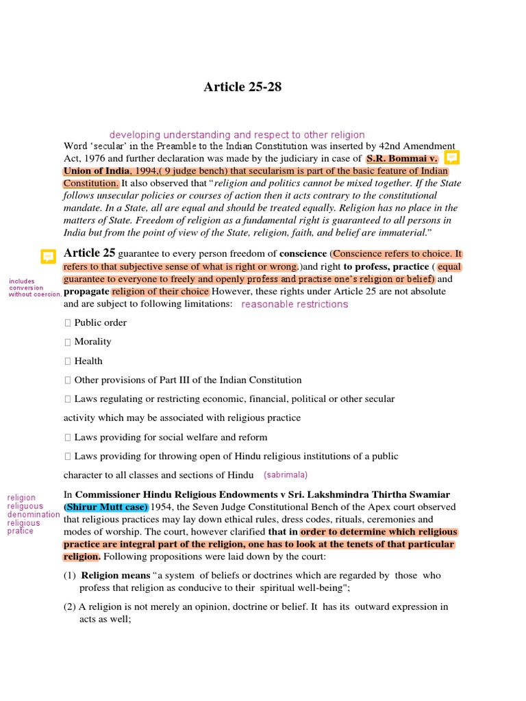 Unit 2d Article 25, 26, 27, 28 Constitutional Law II PDF | PDF ...