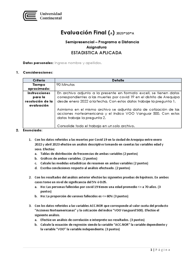 Evaluación Final Estadística Aplicada | PDF | Estadísticas
